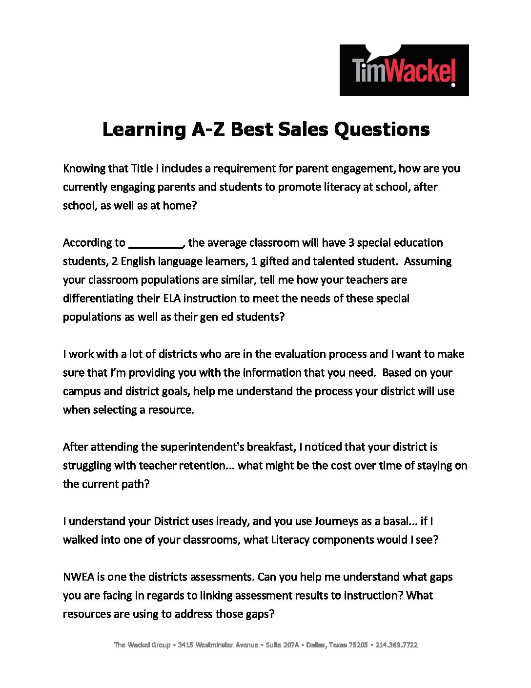 Learning A-Z Best Sales Questions - Tim Wackel